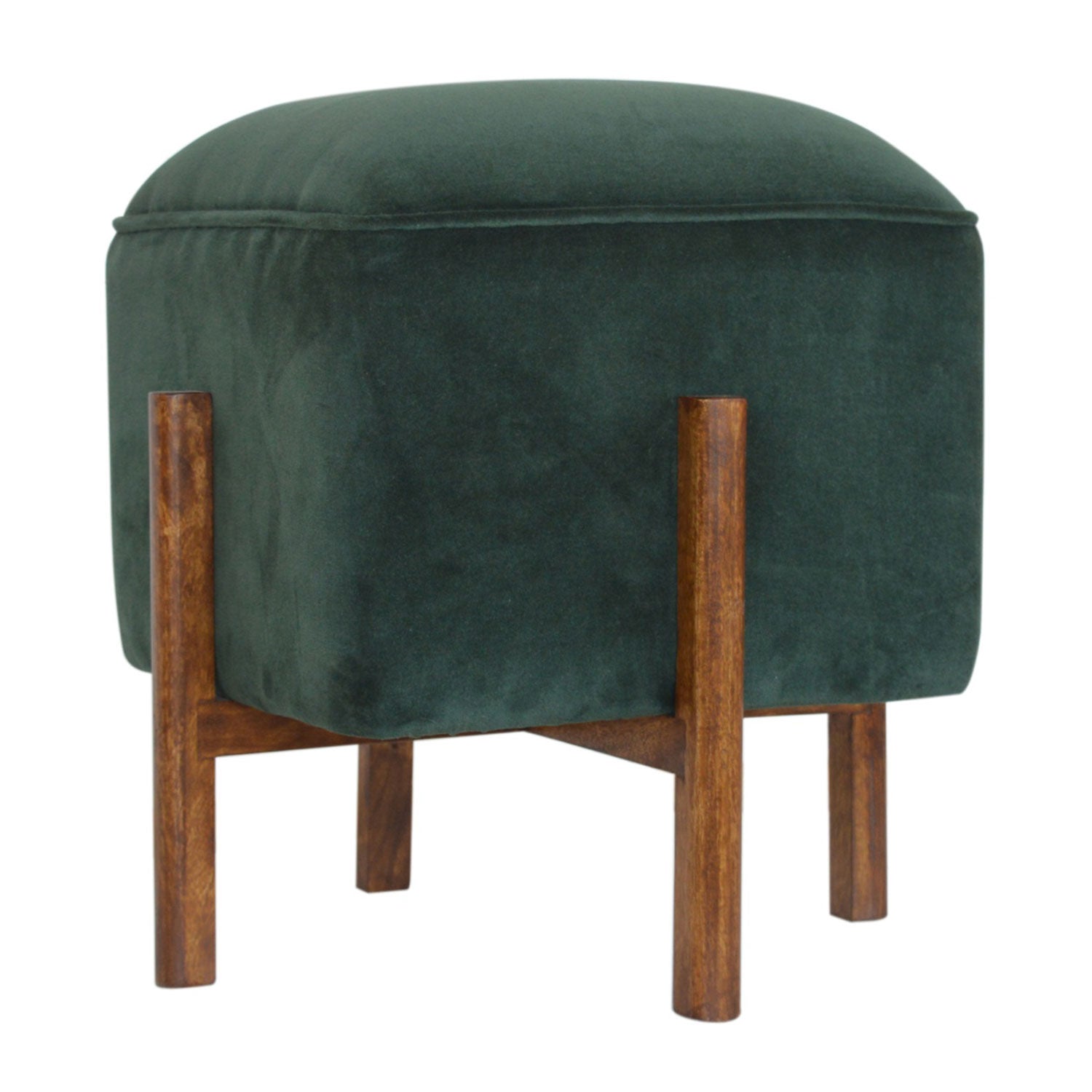 Emerald Green Velvet Footstool With Wood Leg | Lavishway UK