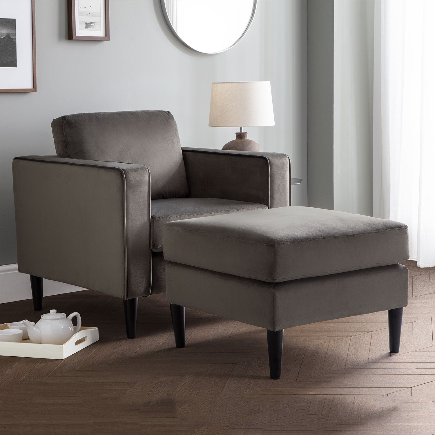 Hayward Grey Velvet Ottoman Stool | Lavishway UK