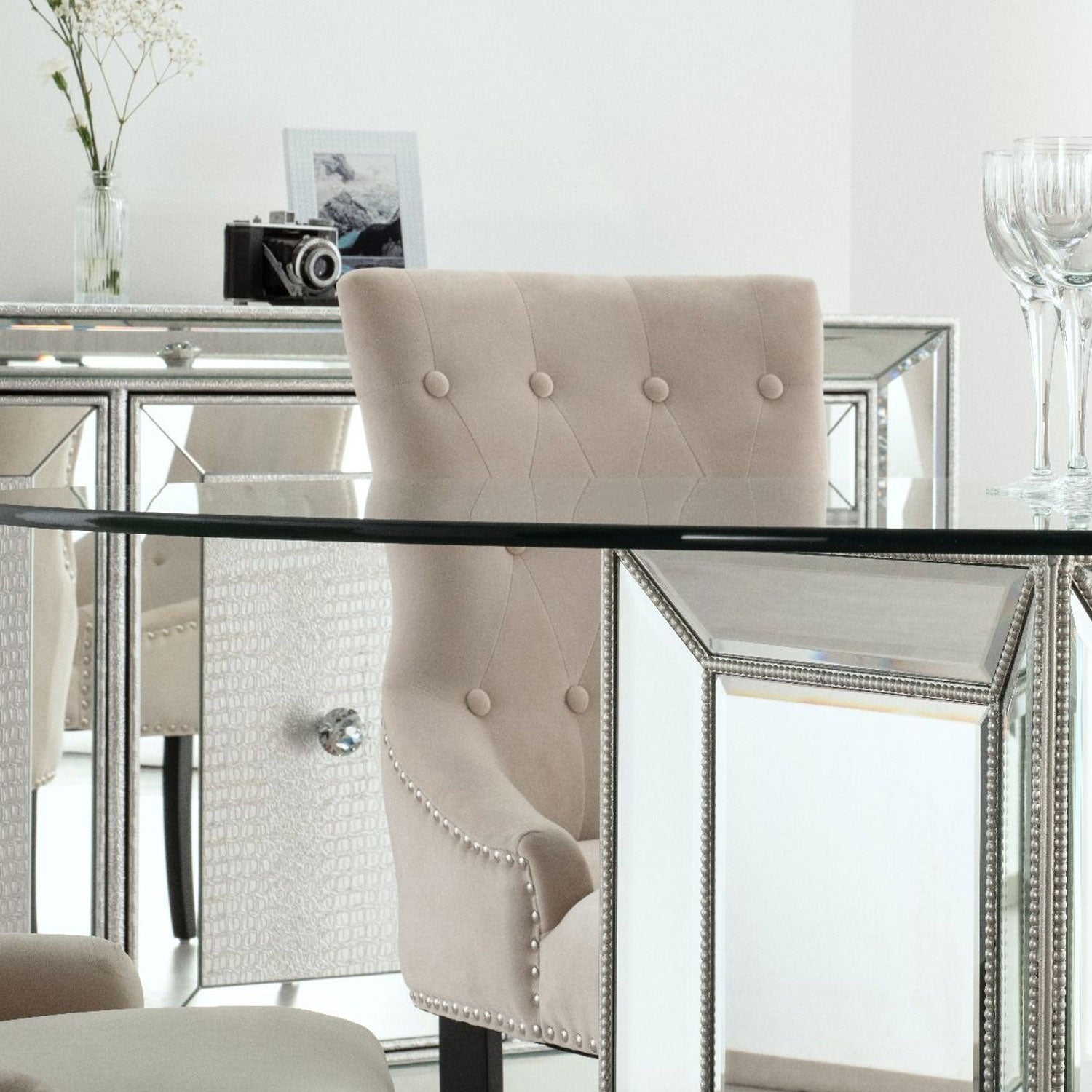 Sofia Silver Glass Top Round Dining Table | Lavishway UK